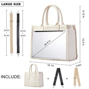 Tote Bags for Women - Canvas Tote Bags Shoulder Crossbody Bags Purse with Zipper School Fashion Handbag (White, 13in X 5.5in X 10in)