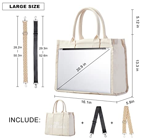 Tote Bags for Women - Canvas Tote Bags Shoulder Crossbody Bags Purse with Zipper School Fashion Handbag (White, 13in X 5.5in X 10in)