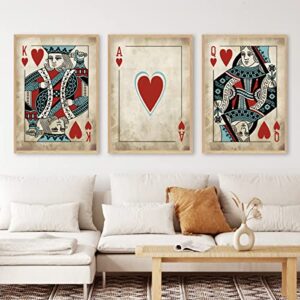 retro playing card wall art queen and king playing cards vintage poker playing cards canvas red heart playing card wall art poker artwork for living room bedroom bar decor 16x24inchx3pcs no frame