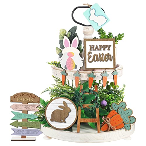 Patelai 12 Pcs Easter Tiered Tray Decor Set Rustic Easter Decorations for Tiered Tray Bunny Farmhouse Tiered Tray Items Easter Egg Rabbits Carrots Wood Sign Happy Easter Decoration for Indoor Home