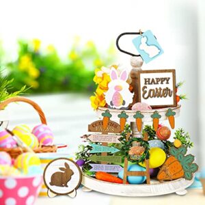 Patelai 12 Pcs Easter Tiered Tray Decor Set Rustic Easter Decorations for Tiered Tray Bunny Farmhouse Tiered Tray Items Easter Egg Rabbits Carrots Wood Sign Happy Easter Decoration for Indoor Home