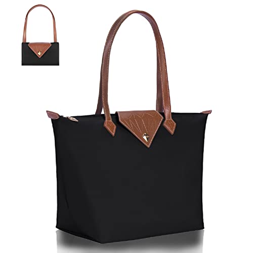 Tote Bag for Women, Large Lightweight Nylon Shoulder Handbags And Travel Work Purse, Foldable With Zipper Top Handle (Black)