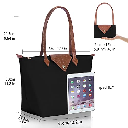 Tote Bag for Women, Large Lightweight Nylon Shoulder Handbags And Travel Work Purse, Foldable With Zipper Top Handle (Black)