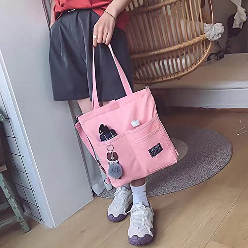 LOLAGIGI Shoulder Tote Bag for Women Canvas Crossbody Handbag Casual Hobo Aesthetic Satchel Adjustable Shoulder Backpack with Zipper Pocket, Suit for Girl Teens School Work Travel, Pink