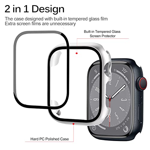 Miimall Compatible Apple Watch Series 8 41mm Case with Screen Protector Anti-Scratch Shockproof Hard PC and Tempered Glass Film Bumper Case for Apple Watch 41mm Series 7 & 8 (Silver)