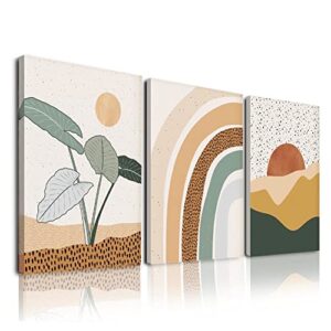 boho wall art set of 3, canvas print mid-century modern wall art decor 12″x16″ framed minimalist sun plant geometric abstract neutral boho wall decor for bedroom, bathroom, living room, office