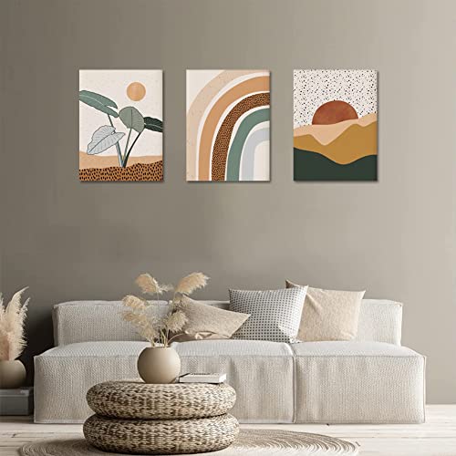 Boho Wall Art Set Of 3, Canvas Print Mid-Century Modern Wall Art Decor 12"x16" Framed Minimalist Sun Plant Geometric Abstract Neutral Boho Wall Decor for Bedroom, Bathroom, Living Room, Office