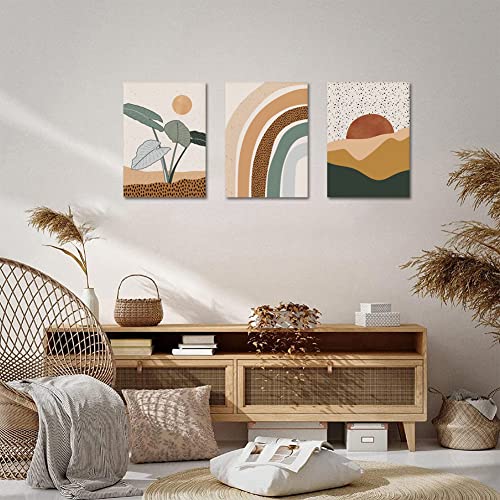 Boho Wall Art Set Of 3, Canvas Print Mid-Century Modern Wall Art Decor 12"x16" Framed Minimalist Sun Plant Geometric Abstract Neutral Boho Wall Decor for Bedroom, Bathroom, Living Room, Office