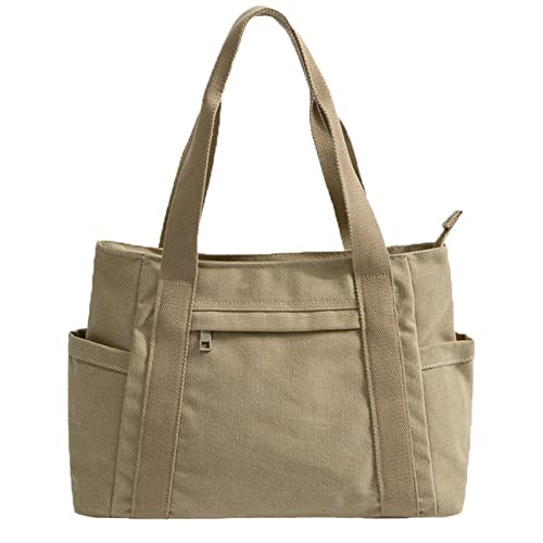 AONIJIE Women's Canvas Tote Shoulder Bag With Multi Pocket, Vintage Medium Work Handbag Lightweight Top Handle Purse with Zipper Fit 13.3 Inch Lapto, Khaki