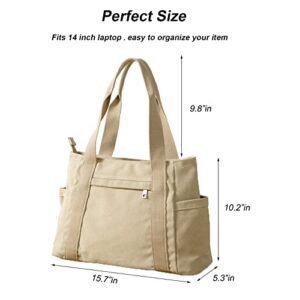 AONIJIE Women's Canvas Tote Shoulder Bag With Multi Pocket, Vintage Medium Work Handbag Lightweight Top Handle Purse with Zipper Fit 13.3 Inch Lapto, Khaki