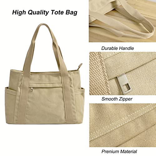 AONIJIE Women's Canvas Tote Shoulder Bag With Multi Pocket, Vintage Medium Work Handbag Lightweight Top Handle Purse with Zipper Fit 13.3 Inch Lapto, Khaki