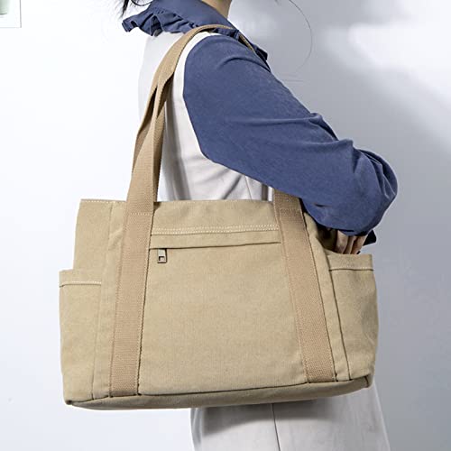 AONIJIE Women's Canvas Tote Shoulder Bag With Multi Pocket, Vintage Medium Work Handbag Lightweight Top Handle Purse with Zipper Fit 13.3 Inch Lapto, Khaki