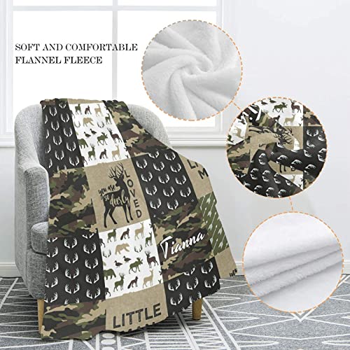 Personalized Little Antler Man Woodland Camouflage Blanket with Name Text Custom Super Soft Fleece Throw Blankets for Couch Sofa Bed 50 X 60 inches