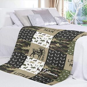 Personalized Little Antler Man Woodland Camouflage Blanket with Name Text Custom Super Soft Fleece Throw Blankets for Couch Sofa Bed 50 X 60 inches