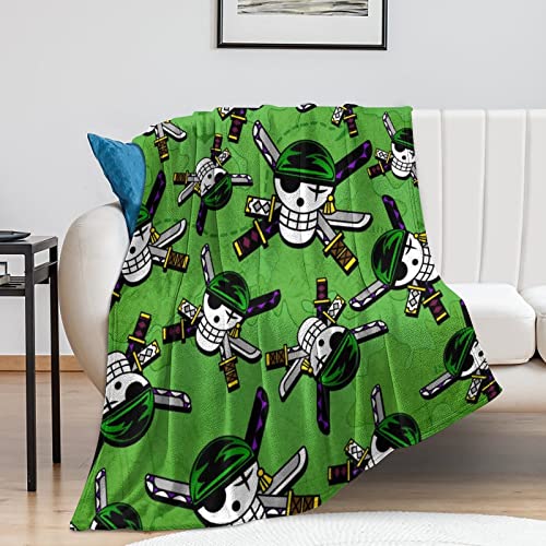 One Piece Zoro Anime Flannel Throw Blanket Pirate Flag Japanese Anime Blanket 60in x 50in Soft Fade Resistant Bedding Blanket for Sofa Couch Bed Office Green Blanket