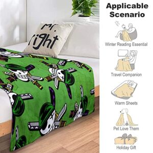 One Piece Zoro Anime Flannel Throw Blanket Pirate Flag Japanese Anime Blanket 60in x 50in Soft Fade Resistant Bedding Blanket for Sofa Couch Bed Office Green Blanket