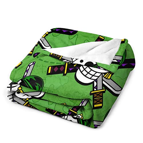 One Piece Zoro Anime Flannel Throw Blanket Pirate Flag Japanese Anime Blanket 60in x 50in Soft Fade Resistant Bedding Blanket for Sofa Couch Bed Office Green Blanket