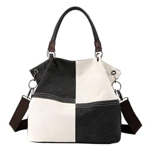 women canvas hobo crossbody bags, daily retro shoulder bag casual satchel purse square stitching, black