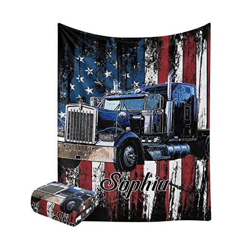 Trucker American Flag Personalized Blanket with Name Super Soft Fleece Throw Blankets for Bed Couch Birthday Wedding Gift 50 x 60 inch