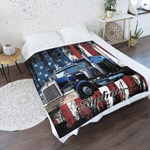 Trucker American Flag Personalized Blanket with Name Super Soft Fleece Throw Blankets for Bed Couch Birthday Wedding Gift 50 x 60 inch