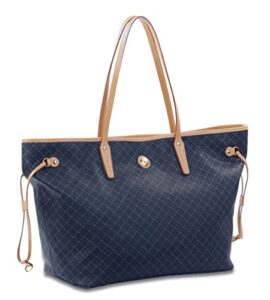 rioni signature navy st20222l canvas leather gold tone metal hardware luxury large tote shoulder bag