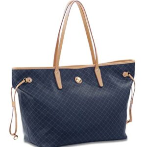 Rioni Signature Navy ST20222L Canvas Leather Gold Tone Metal Hardware Luxury Large Tote Shoulder Bag