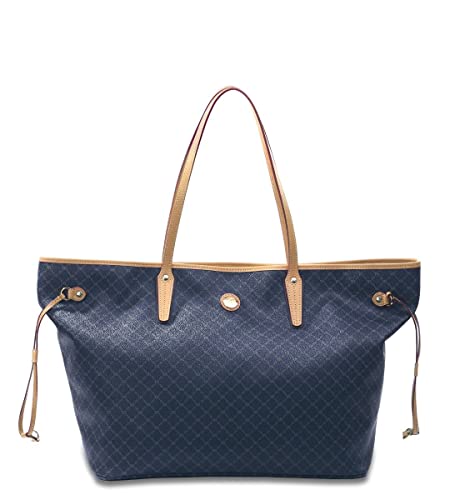 Rioni Signature Navy ST20222L Canvas Leather Gold Tone Metal Hardware Luxury Large Tote Shoulder Bag