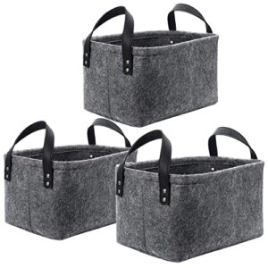 mililove 3pack felt fabric storage basket, 10x15x11 foldable felt storage collapsible bin with leather handles, open storage bins for shelves closet magazine toys clothing underwear(color: dark grey)