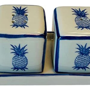 Pineapples Salt and Pepper Shakers with Tray Porcelain Blue and White