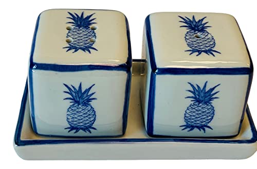 Pineapples Salt and Pepper Shakers with Tray Porcelain Blue and White