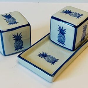 Pineapples Salt and Pepper Shakers with Tray Porcelain Blue and White