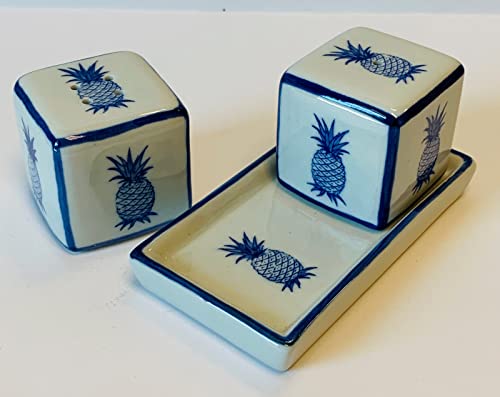 Pineapples Salt and Pepper Shakers with Tray Porcelain Blue and White