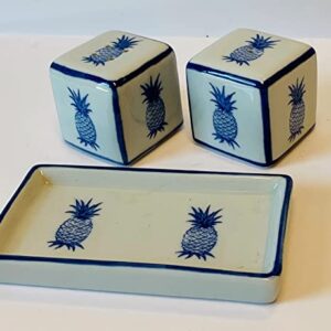 Pineapples Salt and Pepper Shakers with Tray Porcelain Blue and White