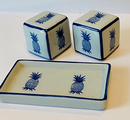 Pineapples Salt and Pepper Shakers with Tray Porcelain Blue and White