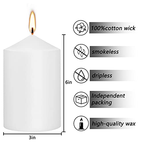 White Pillar Candles - Set of 6 - 3" x 6" Dripless Unscented Candles in White for Home Decor, Relaxation & All Occasions