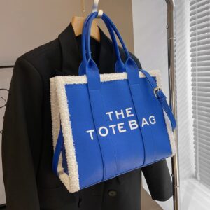 Tote Bag for Women, Large PU Leather Tote Bag with Lamb Wool, Crossbody/Handbag for Travel/Work/School (blue)