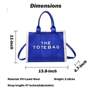 Tote Bag for Women, Large PU Leather Tote Bag with Lamb Wool, Crossbody/Handbag for Travel/Work/School (blue)