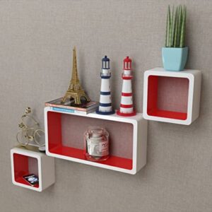 natulvd floating cube shelves set of 3 – 2 sizes square wall mounted hanging shelves, decor shelf for living room, bedroom, trophy display, photo frames – red