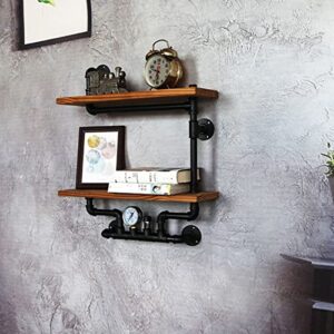 Jeanoko Retro Wall Mounted Floating Shelf, Industrial Pipe Shelves Malleable Cast Iron Solid Wood 2 Tiers Piple Shape Wall Mounted Shelf with Towel Bar for Home