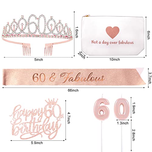 XO LOVEORY 60th Birthday Decorations for Woman, 60th Birthday Sash, Tiara Crown, Canvas Makeup Bag, Cake Topper & Candles, 60th Birthday Gifts for Her Birthday Party