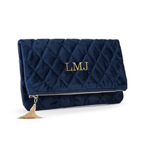 weddingstar custom embroidered fold over velvet clutch – navy blue