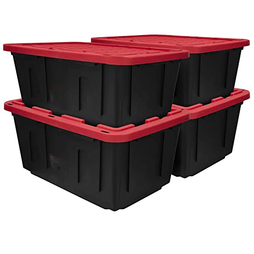  4 Pack 27 Gallon Plastic Storage Bin Tote Organizing Container With Durable Lid and Secure Latching Buckles , Stackable and Nestable Snap Lid Plastic Storage Bin, Black Base/Red Lid