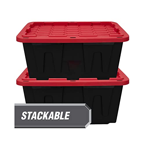  4 Pack 27 Gallon Plastic Storage Bin Tote Organizing Container With Durable Lid and Secure Latching Buckles , Stackable and Nestable Snap Lid Plastic Storage Bin, Black Base/Red Lid