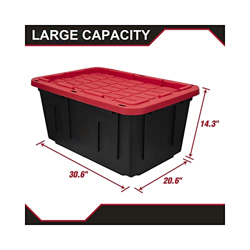  4 Pack 27 Gallon Plastic Storage Bin Tote Organizing Container With Durable Lid and Secure Latching Buckles , Stackable and Nestable Snap Lid Plastic Storage Bin, Black Base/Red Lid