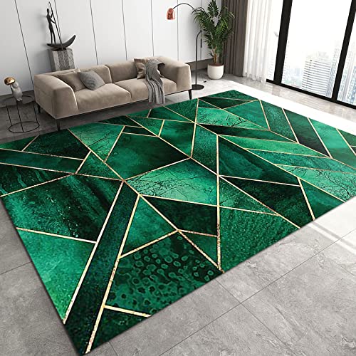 QINYUN Modern Style Area Rug, Emerald Green Gold Line Geometric Indoor Rug, Large Area Rug Facecloth Material Soft and Durable, Suitable for Apartment Bedroom Living Room-6ft×8ft