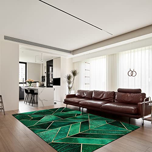 QINYUN Modern Style Area Rug, Emerald Green Gold Line Geometric Indoor Rug, Large Area Rug Facecloth Material Soft and Durable, Suitable for Apartment Bedroom Living Room-6ft×8ft