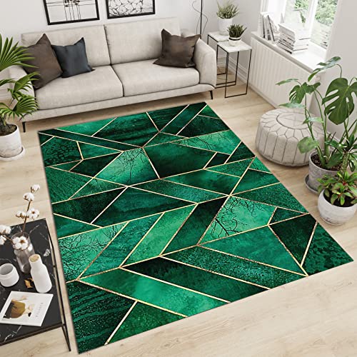 QINYUN Modern Style Area Rug, Emerald Green Gold Line Geometric Indoor Rug, Large Area Rug Facecloth Material Soft and Durable, Suitable for Apartment Bedroom Living Room-6ft×8ft