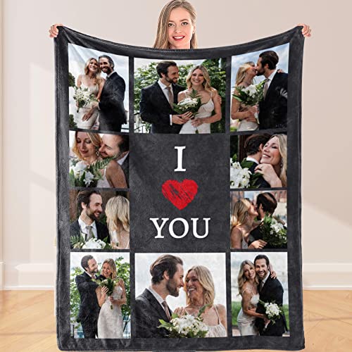 DIYKST Personalized Blanket with Photo Text Custom Blanket Memorial Gift 10 Photos Collage Customized Blankets Made in USA for Family Baby Mother Father Lovers Dog Pets Valentine's Day-4 Sizes