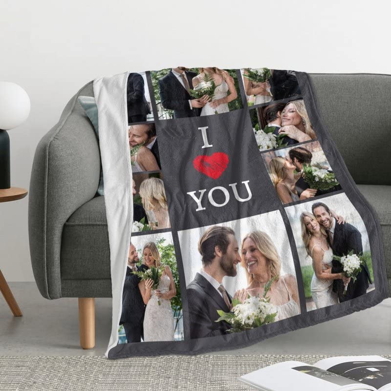 DIYKST Personalized Blanket with Photo Text Custom Blanket Memorial Gift 10 Photos Collage Customized Blankets Made in USA for Family Baby Mother Father Lovers Dog Pets Valentine's Day-4 Sizes