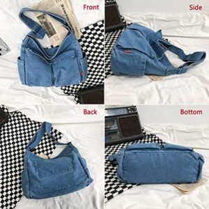 Cross Body Bag Purses for Women Denim Crossbody Handbags Blue Jean Purse Travel Large Hobo Canvas Cute Tote Bag with Zipper Pockets School Teen Girls Shoulder Casual Hand Bags Ladies Messenger Trendy